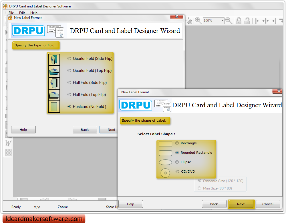 Screenshots of Card and Label Maker Software to create labels cards