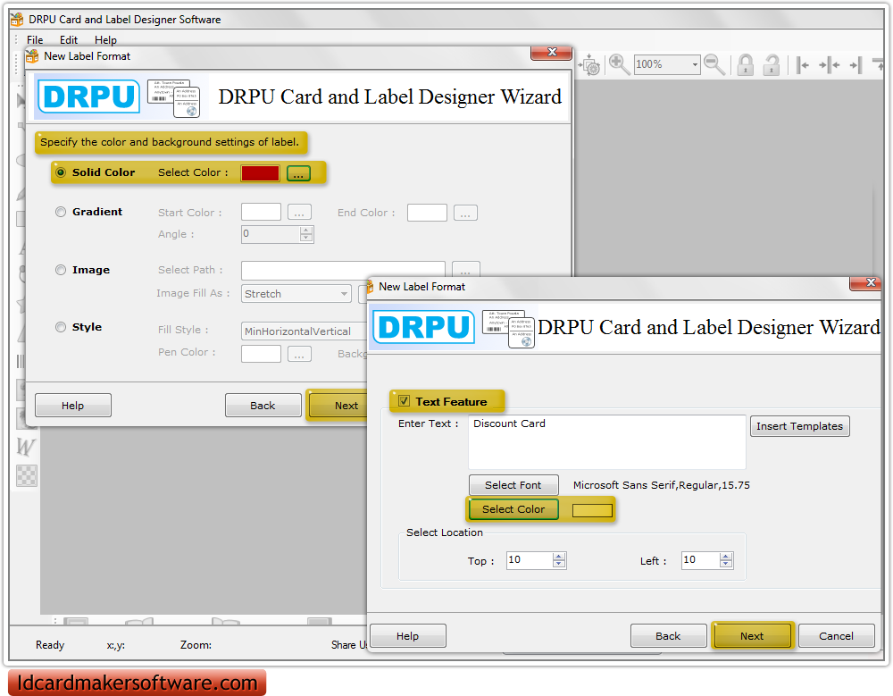 Screenshots of Card and Label Maker Software to create labels cards