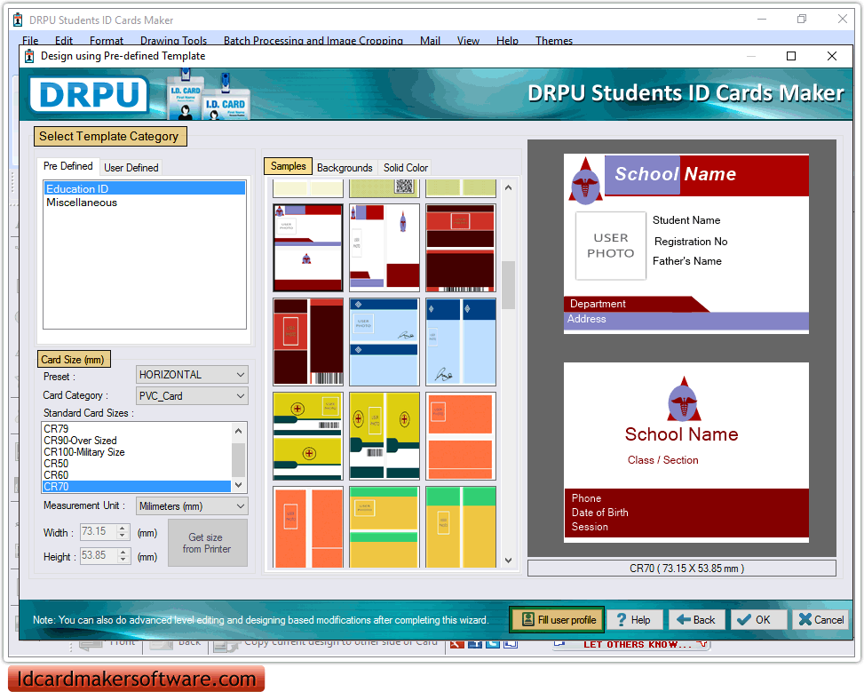 Screenshots of Student ID Cards Maker to create student ID cards