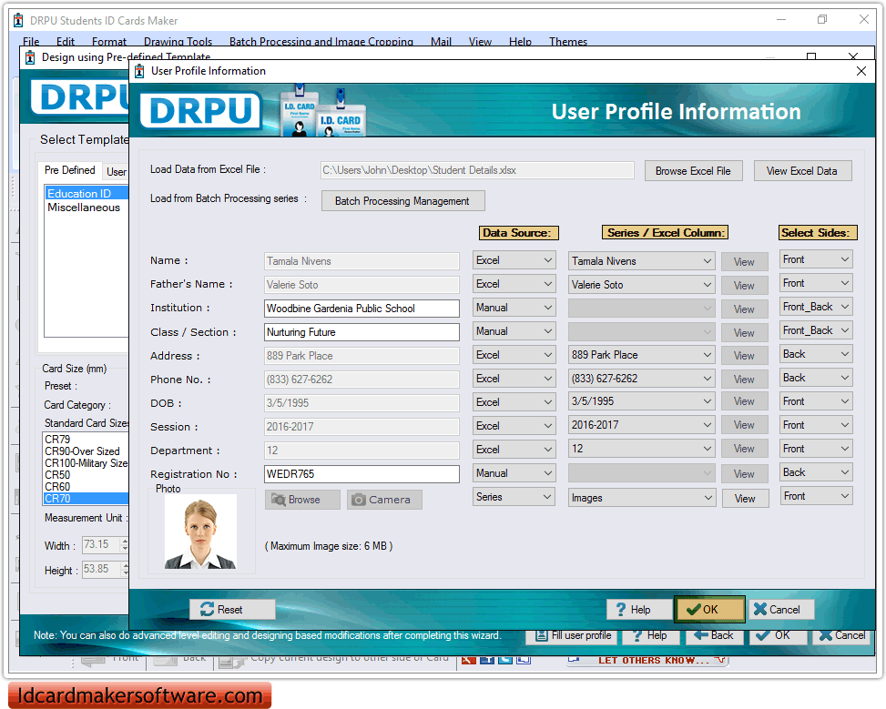 Screenshots of Student ID Cards Maker to create student ID cards